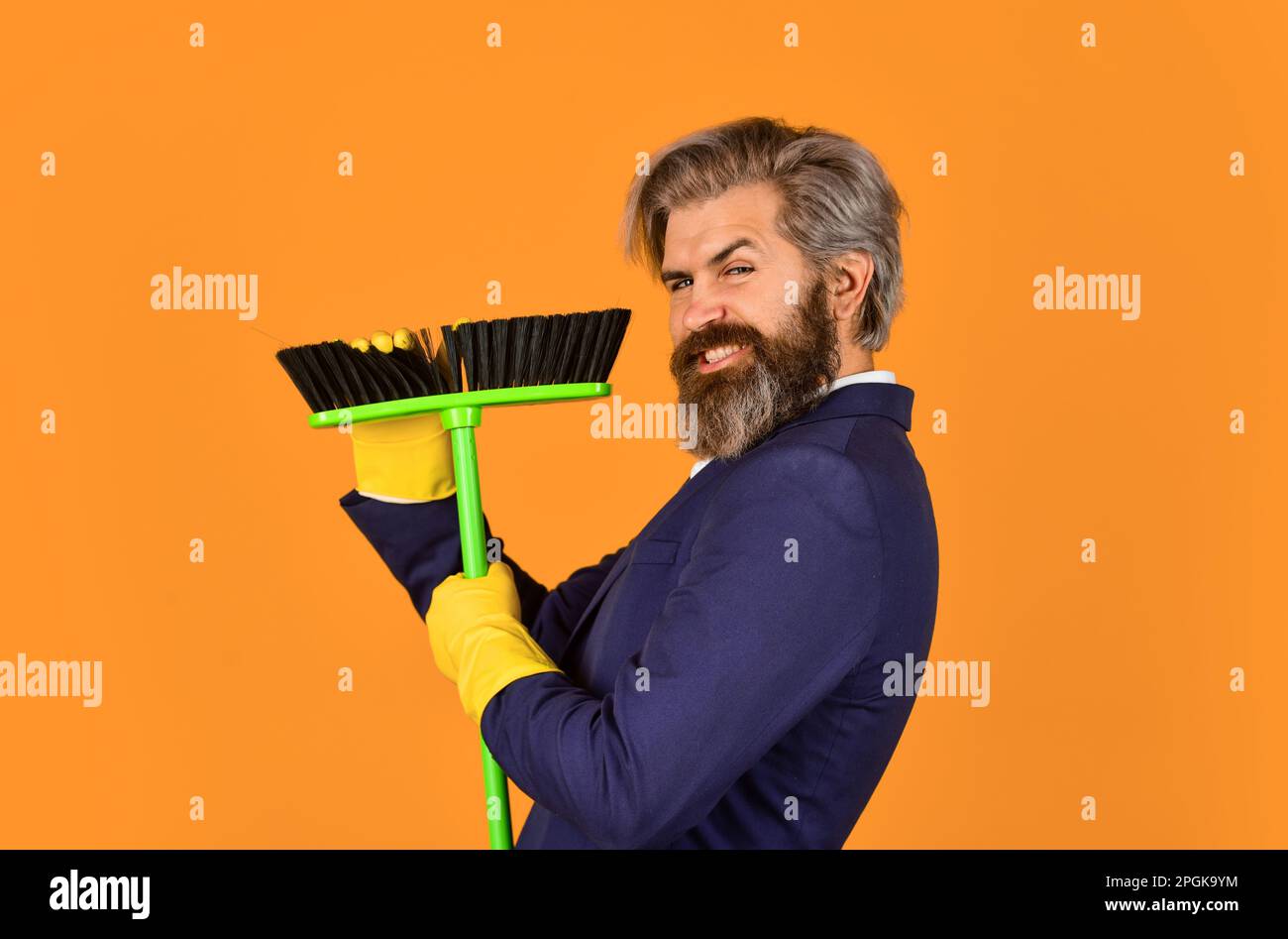 clean service people. mature male worker with broom cleaning. Male ...