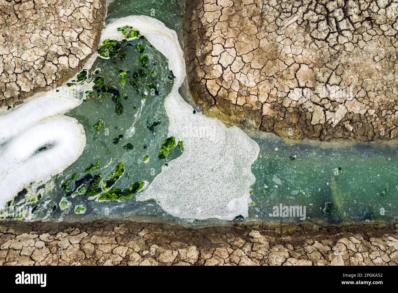 Top view of wastewater with air bubbles and moss flowing through a ...