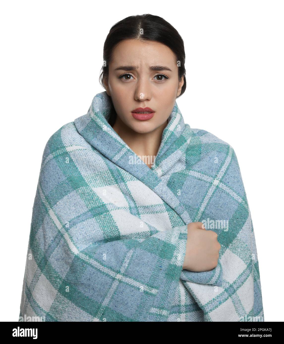 Young woman wrapped in blanket suffering from fever on white background. Cold symptoms Stock ...
