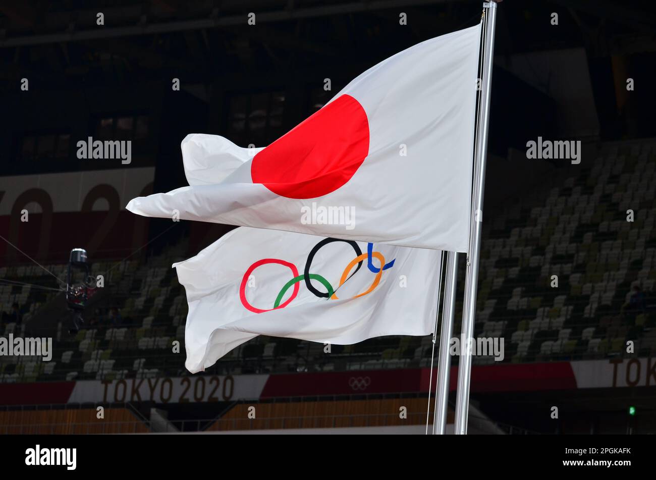 Olympic and Japanese Flags fly in Tokyo Olympic Stadium 2021 Stock ...