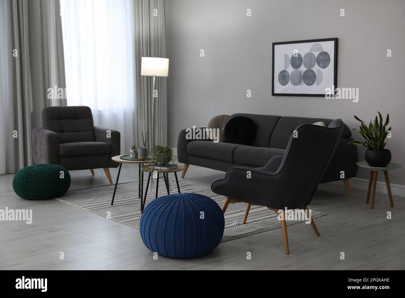 Stylish comfortable poufs and sofa in room. Home design Stock Photo - Alamy