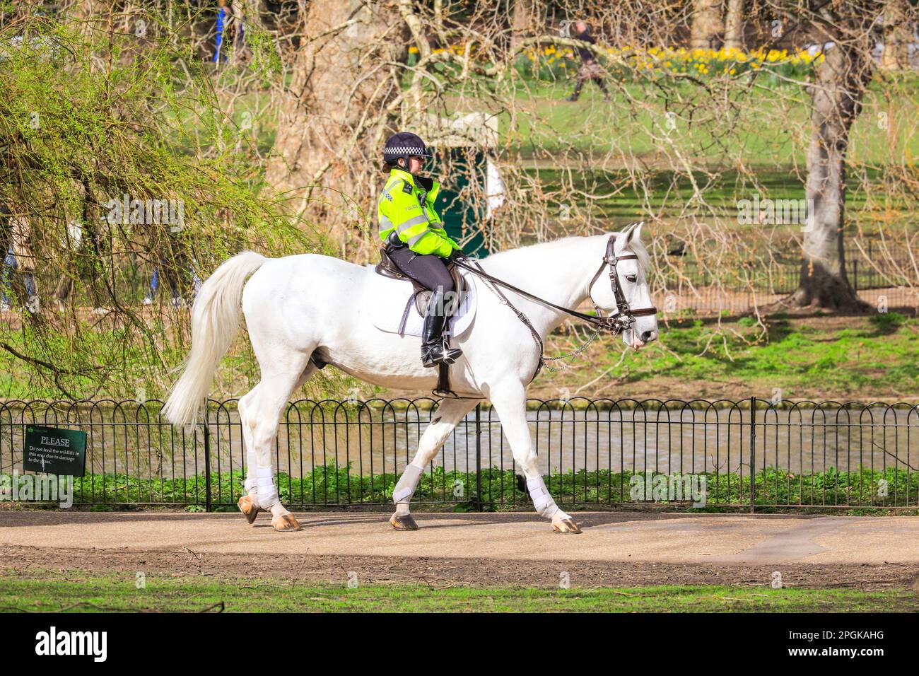 London, UK. 23rd Mar, 2023. A police officer on horseback in the park ...