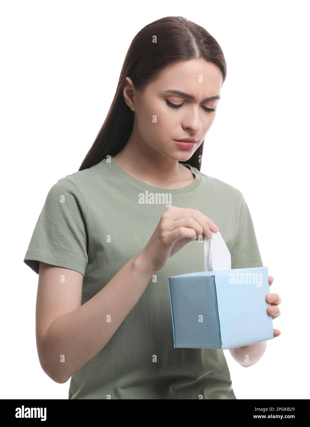 Sick woman taking tissue on white background. Cold symptoms Stock Photo ...