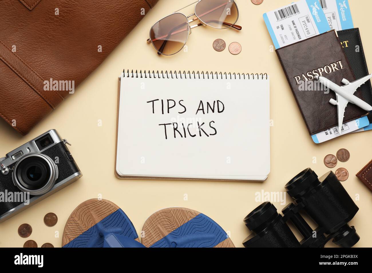 Flat lay composition with notebook on yellow background. Tips and ...