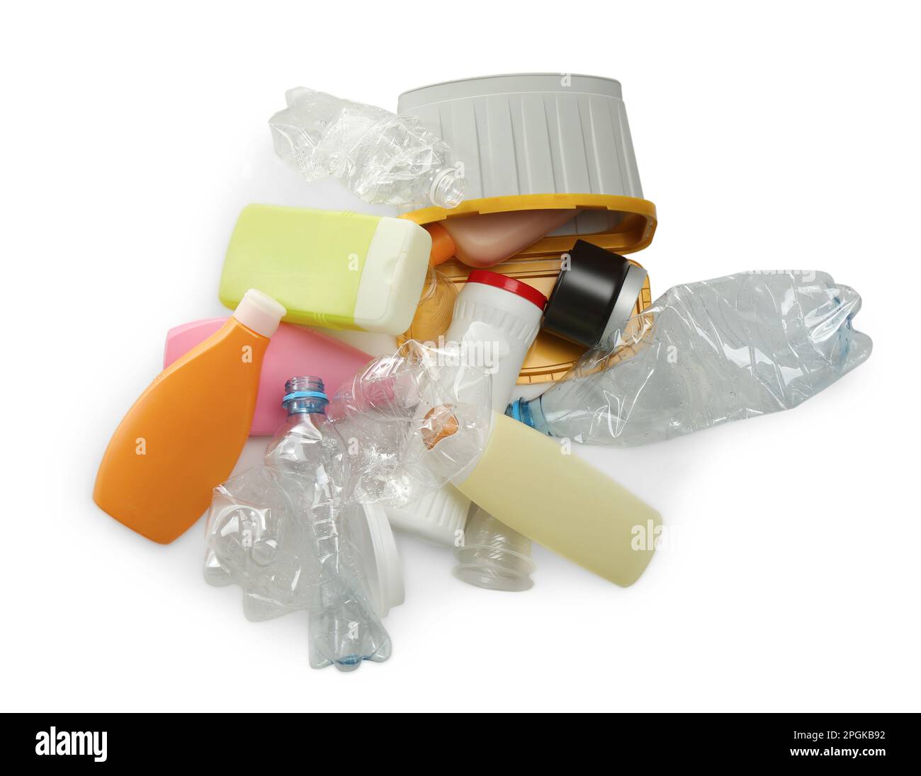 Pile of plastic garbage on white background, top view Stock Photo - Alamy