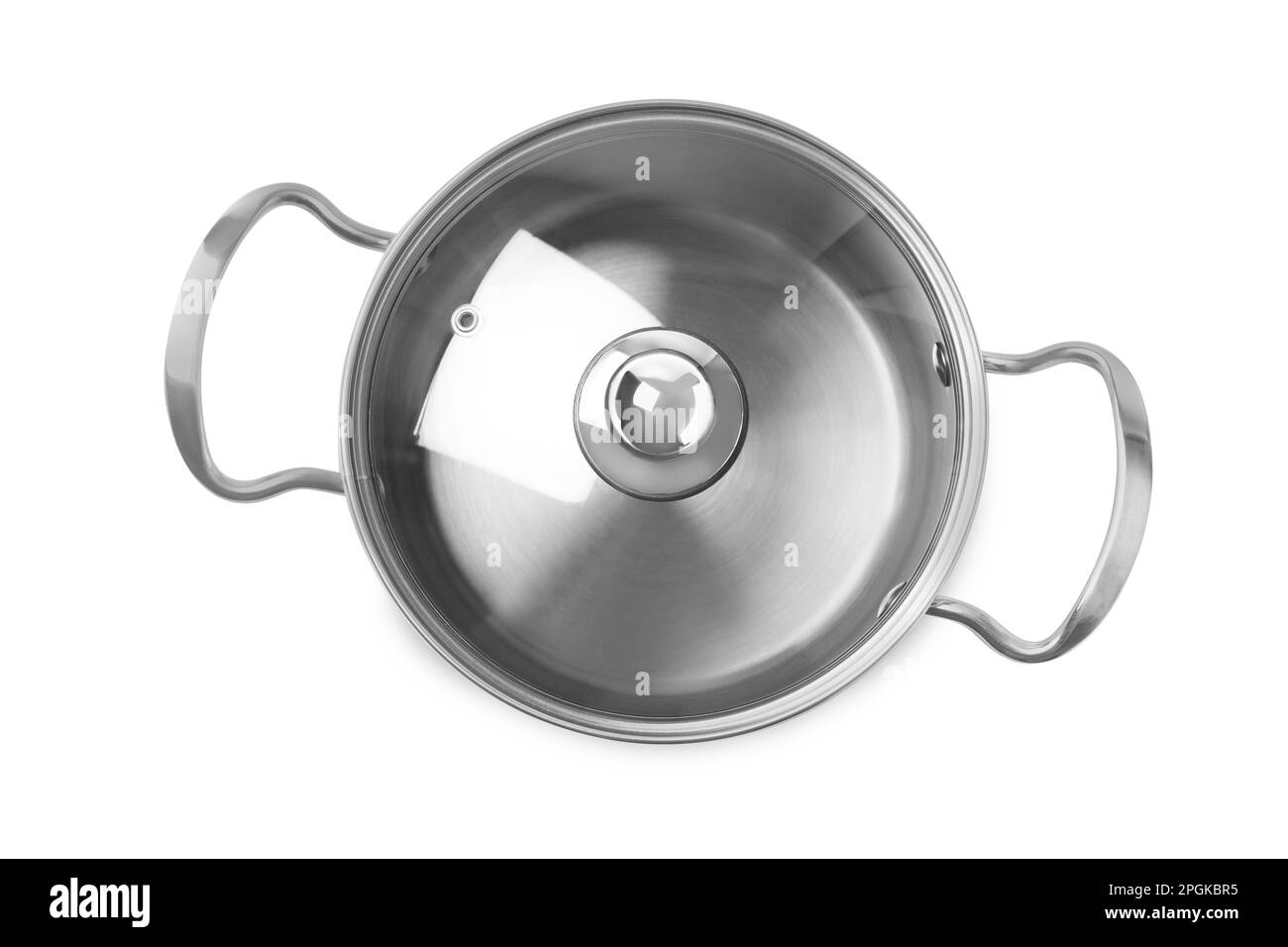 New shiny pot with glass lid isolated on white, top view Stock Photo ...