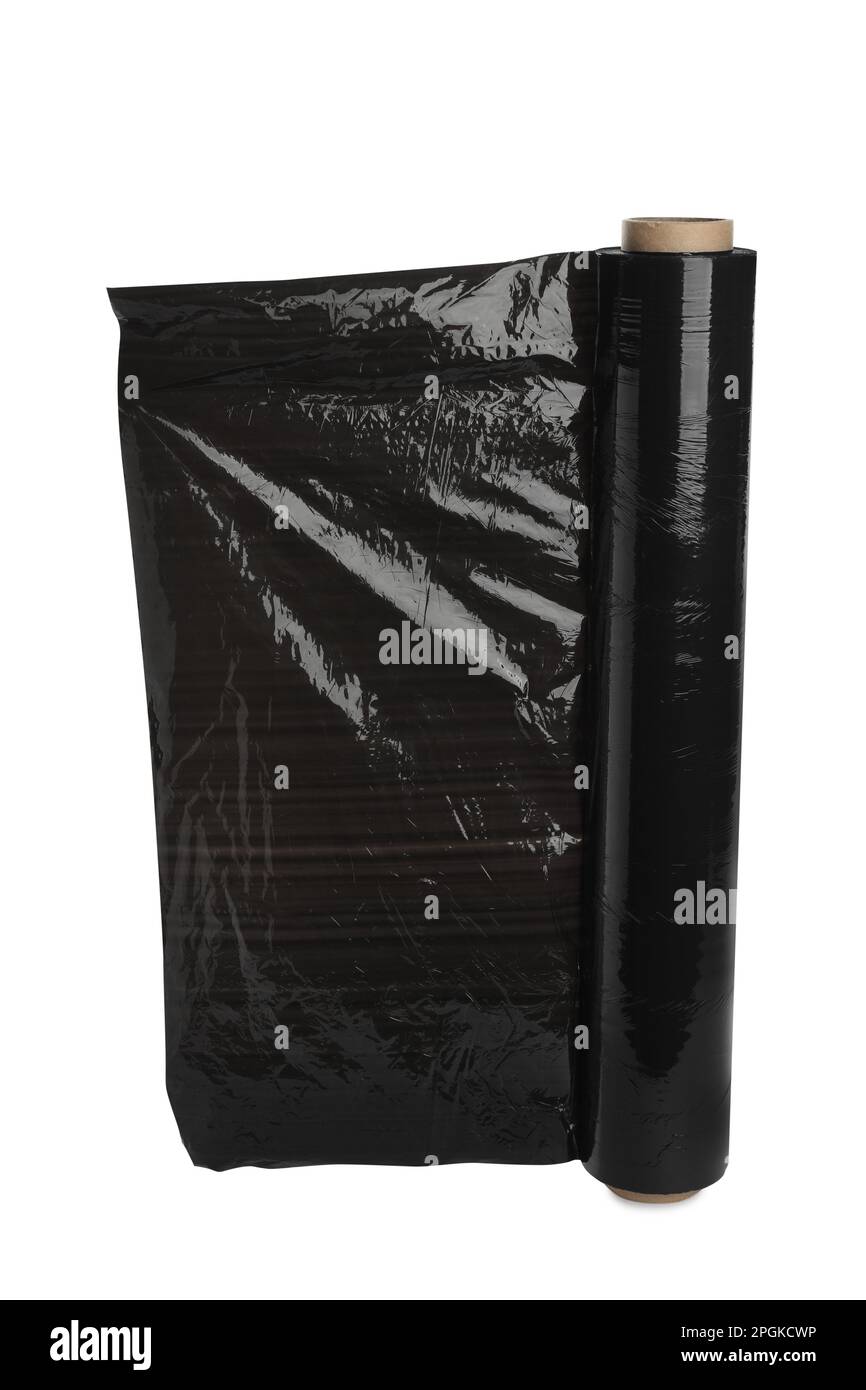 Roll of black plastic stretch wrap film isolated on white Stock Photo ...
