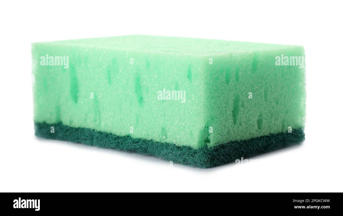 Green cleaning sponge with abrasive scourer isolated on white Stock ...