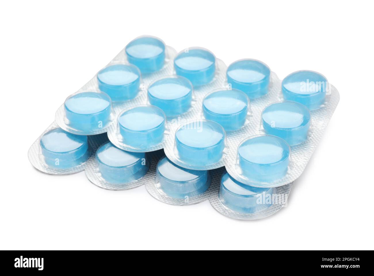 Blisters with blue cough drops on white background Stock Photo - Alamy