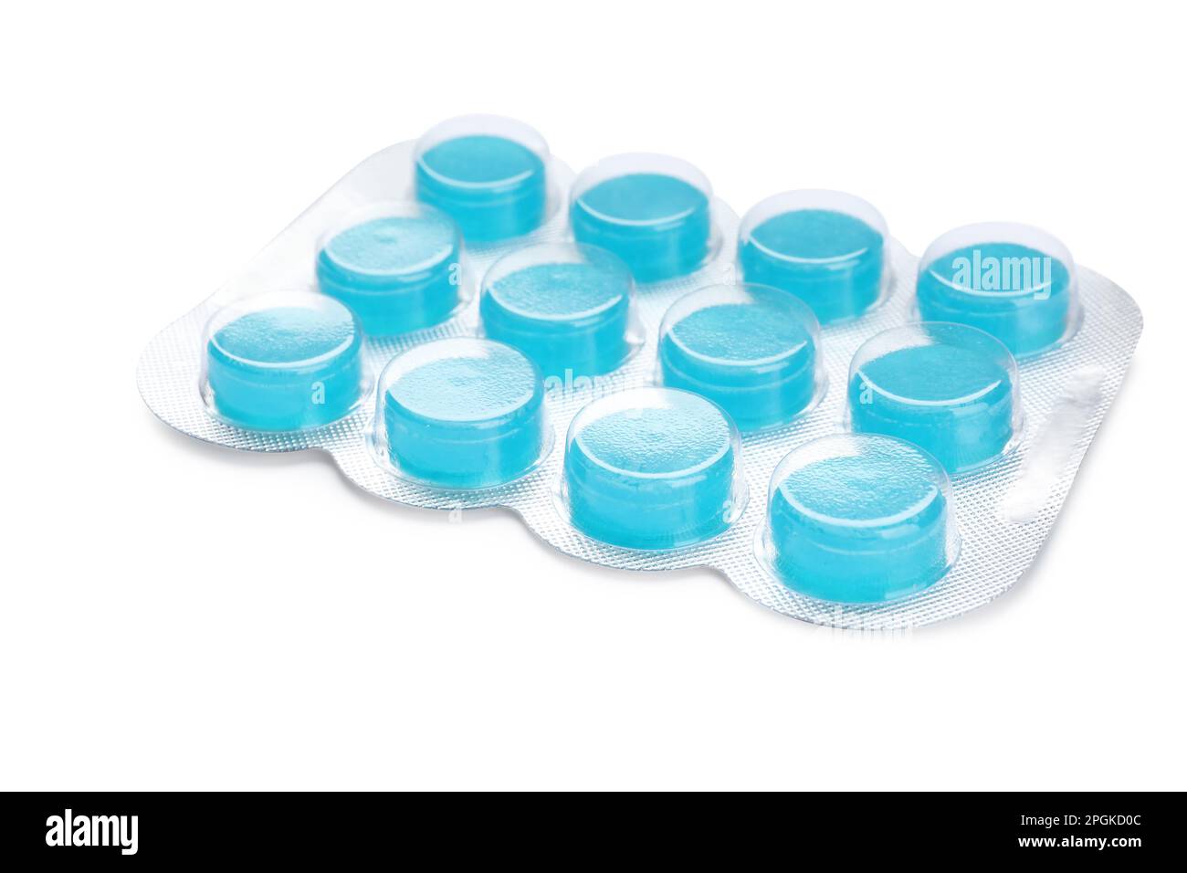 Blister with blue cough drops isolated on white Stock Photo - Alamy