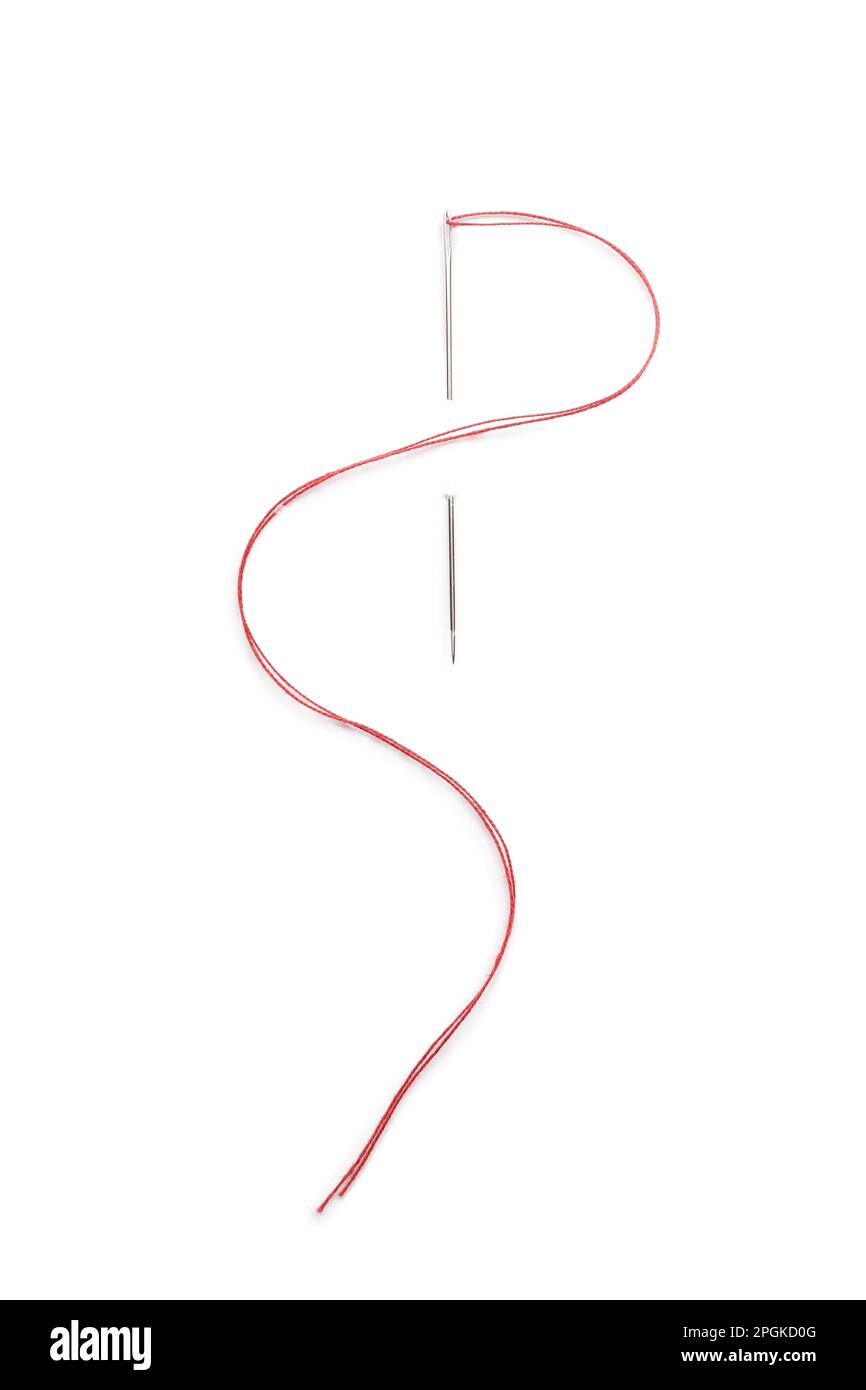Sewing needle with red thread isolated on white, top view Stock Photo ...