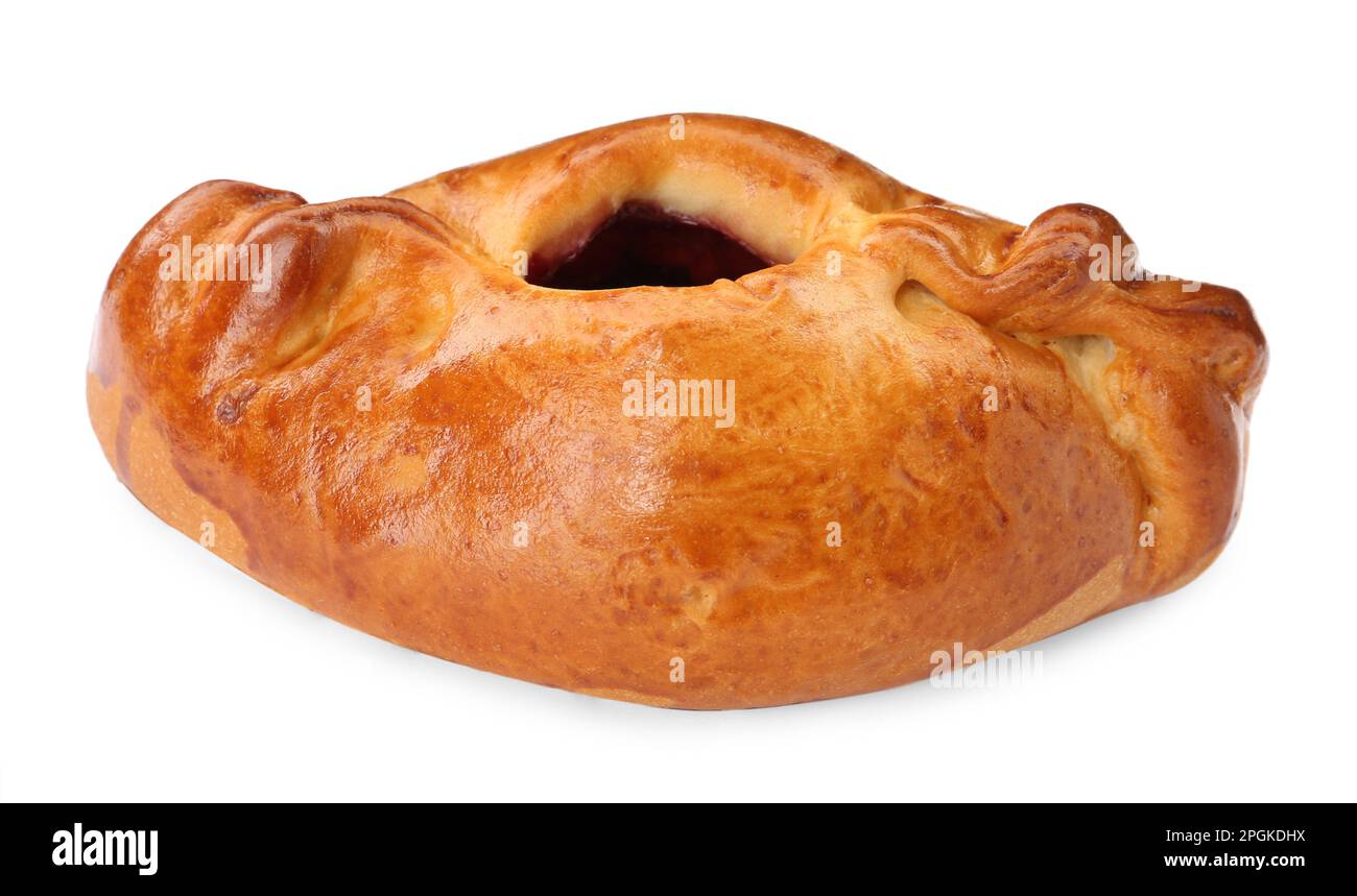 Delicious baked patty with cherry filling on white background Stock ...