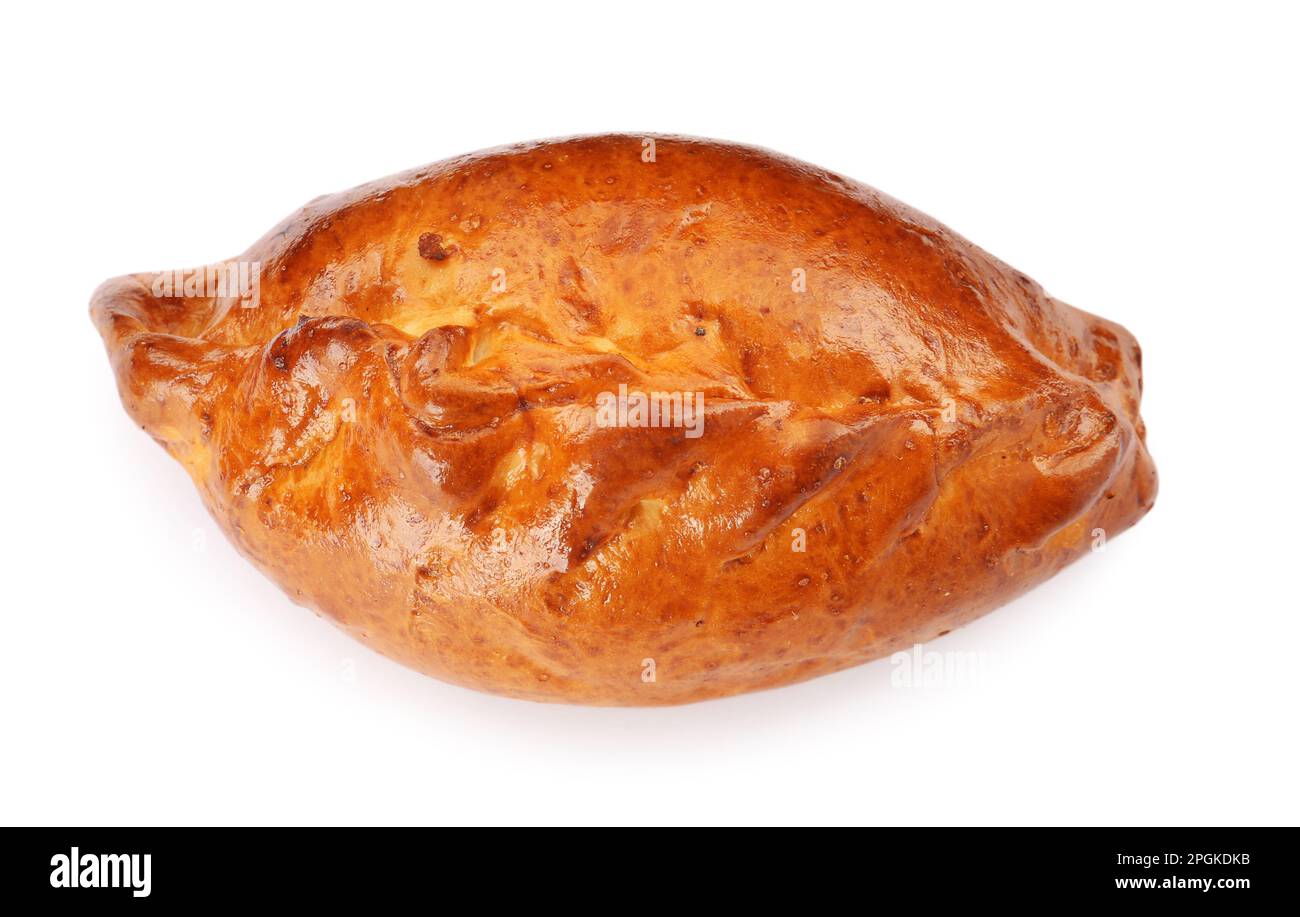One delicious baked patty with filling on white background, top view ...
