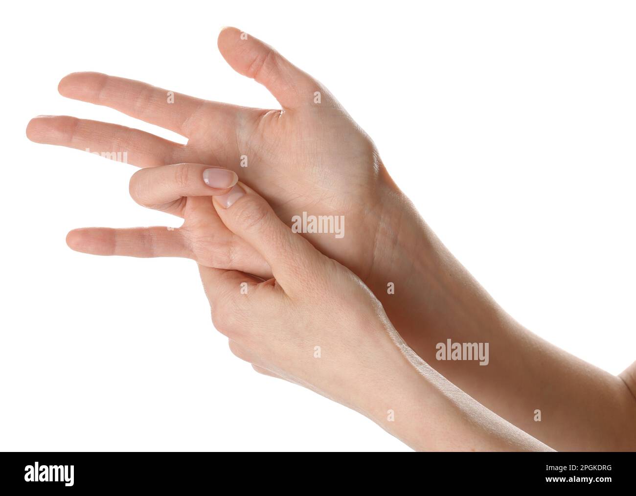 Woman with trigger finger condition on white background, closeup Stock ...