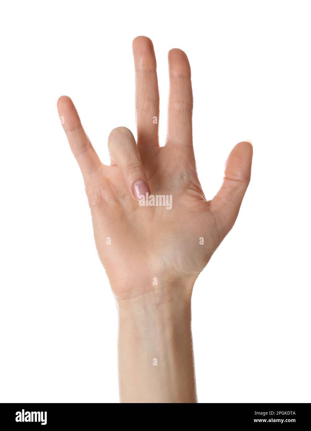 Woman with trigger finger condition on white background, closeup Stock ...