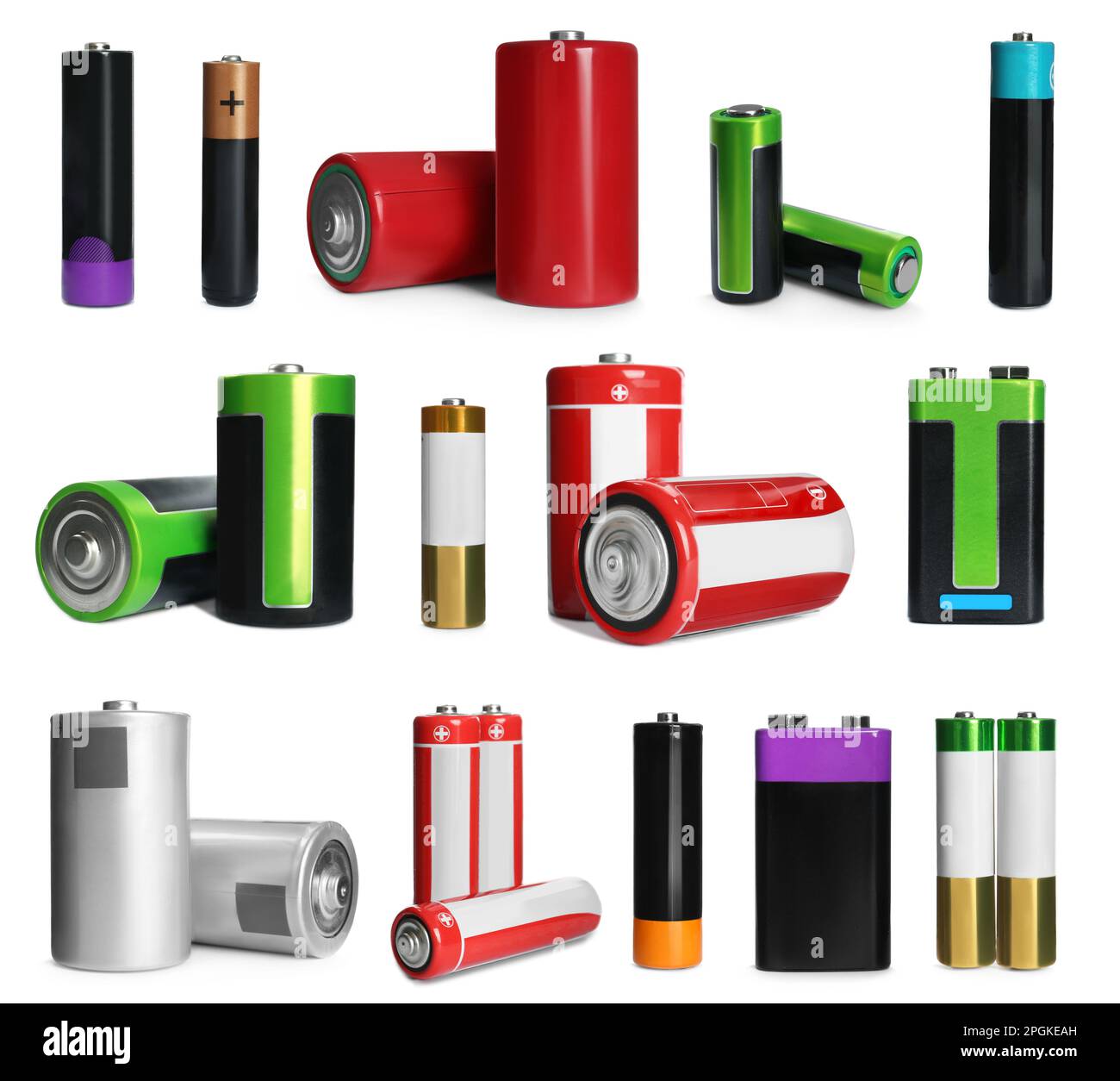 Many batteries of different types on white background, collage Stock ...