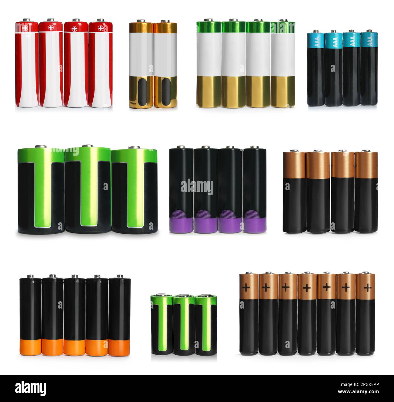 Many batteries of different types on white background, collage Stock ...