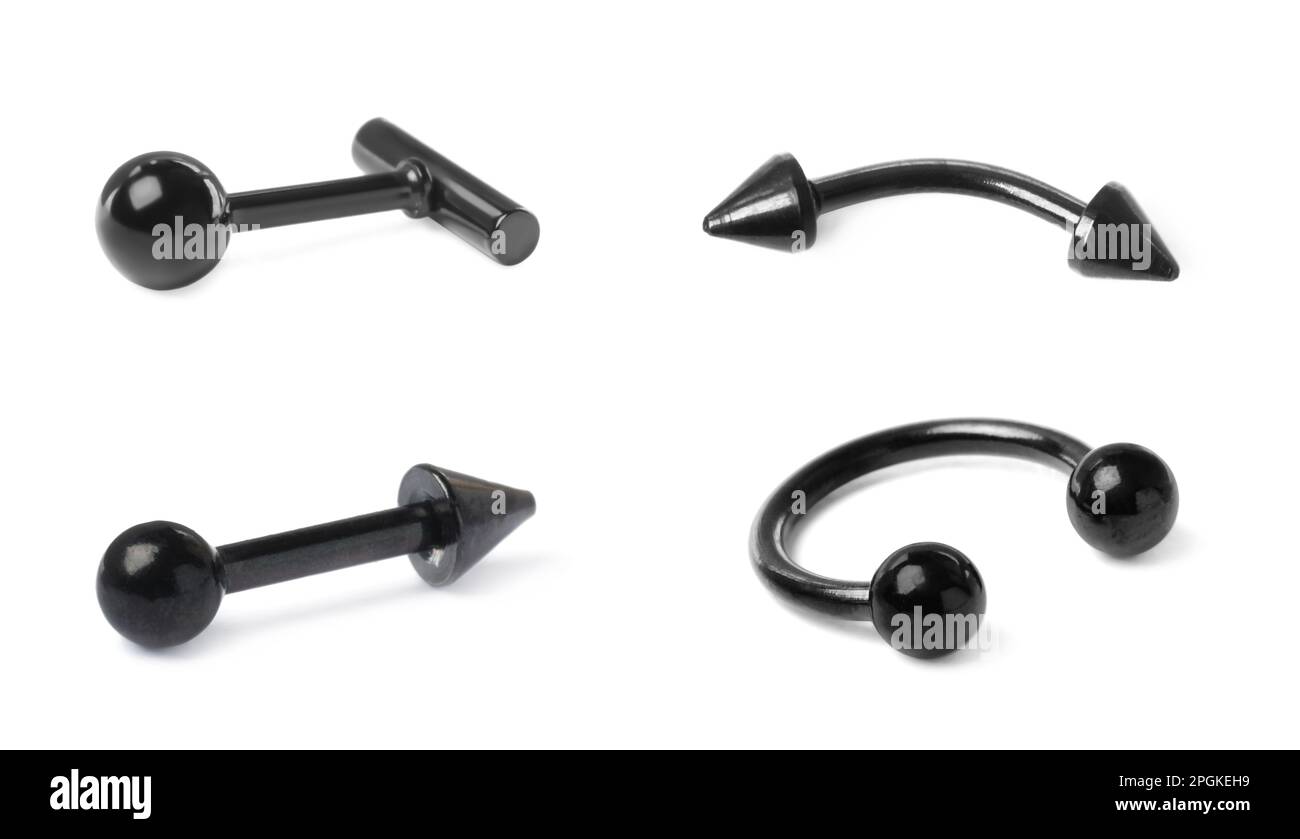 Set with different piercing jewelry on white background Stock Photo - Alamy