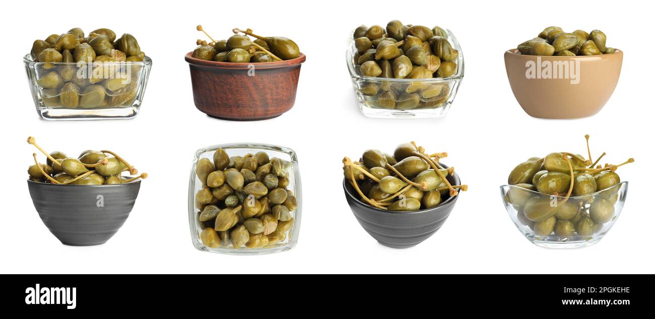 Set with pickled capers on white background. Banner design Stock Photo ...