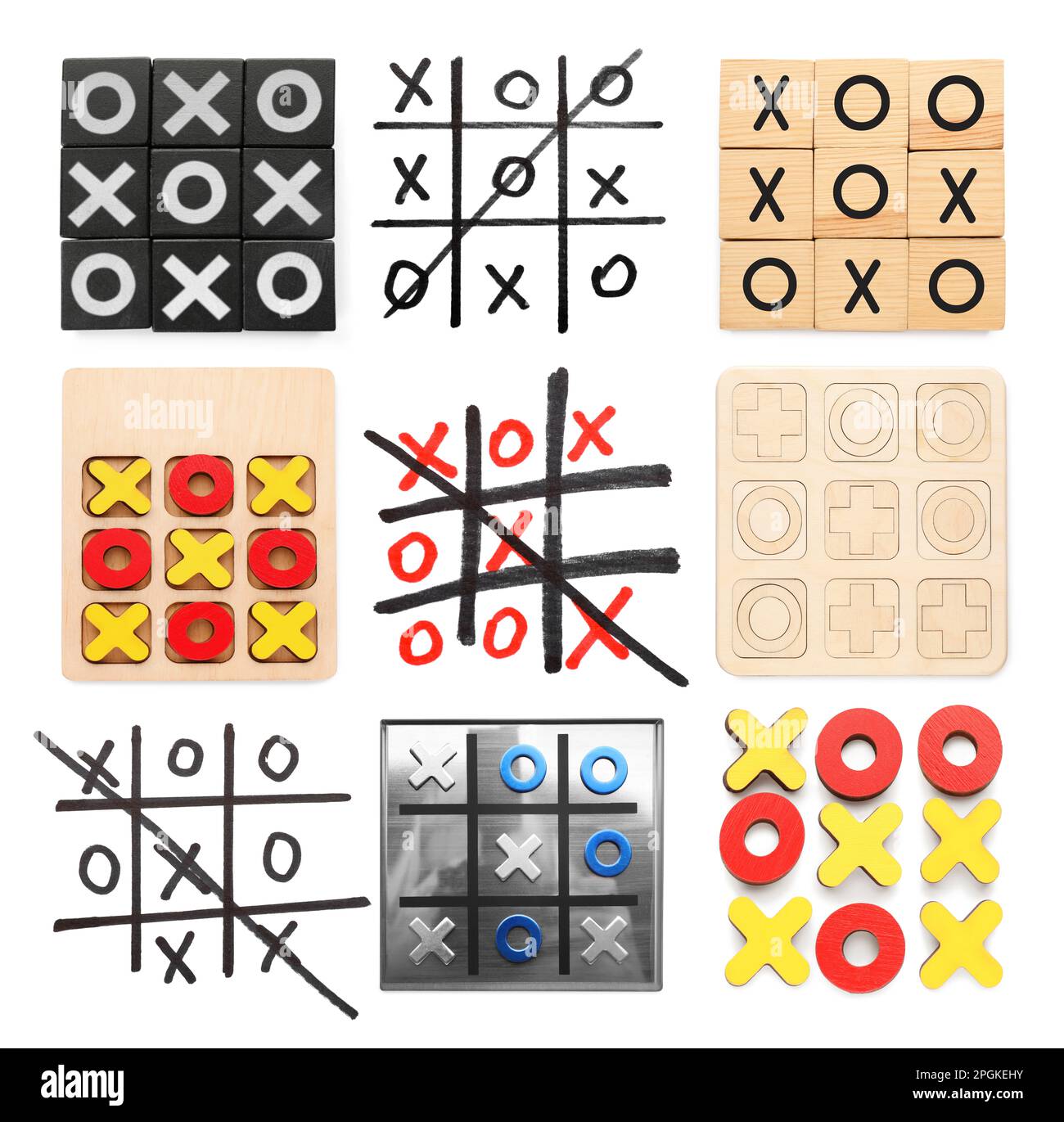 Tic tac toe sets and illustrations on white background, collage Stock ...