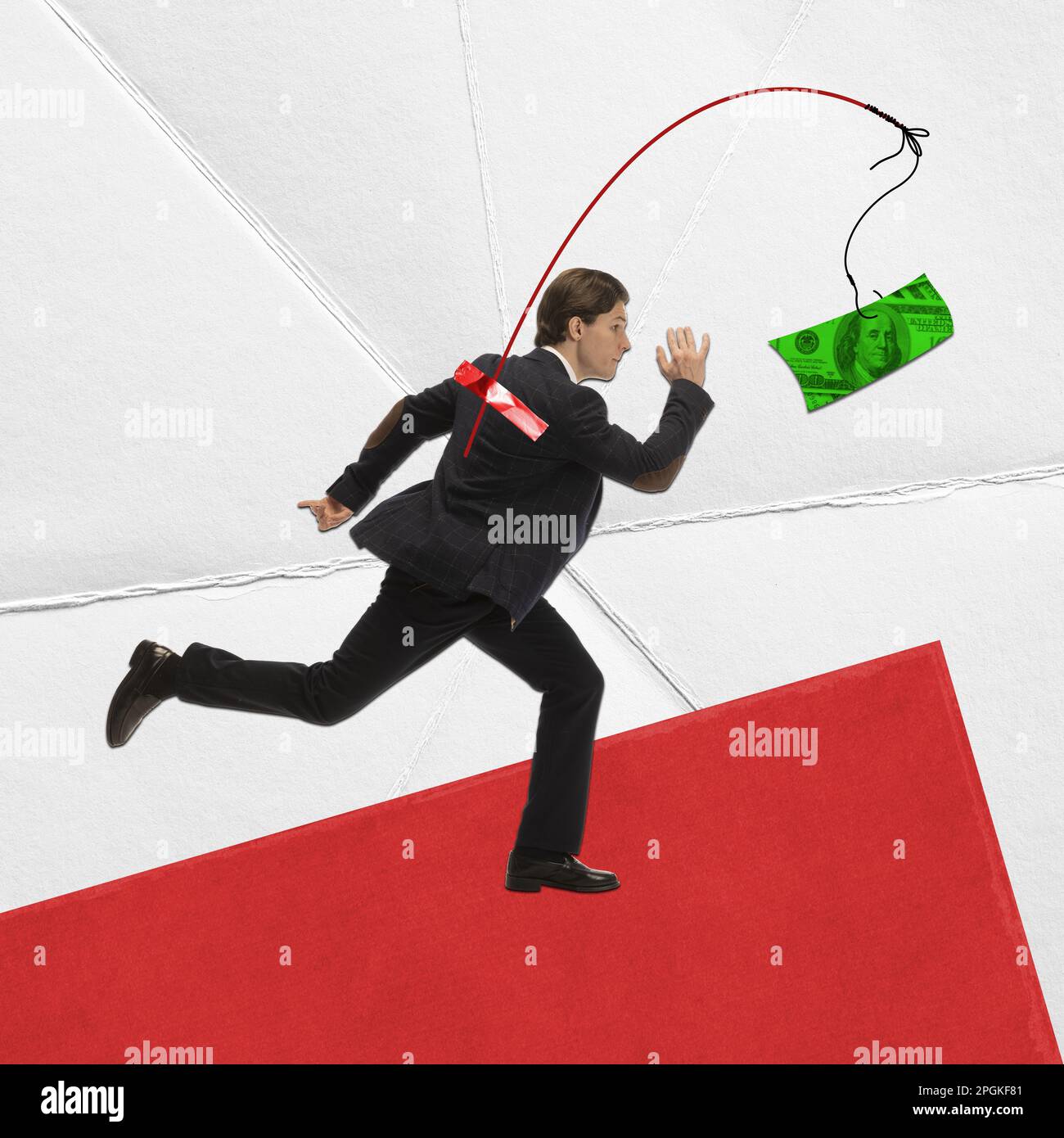 Ambitious and motivated employee in formal wear running forward to money. Growing personal and ...