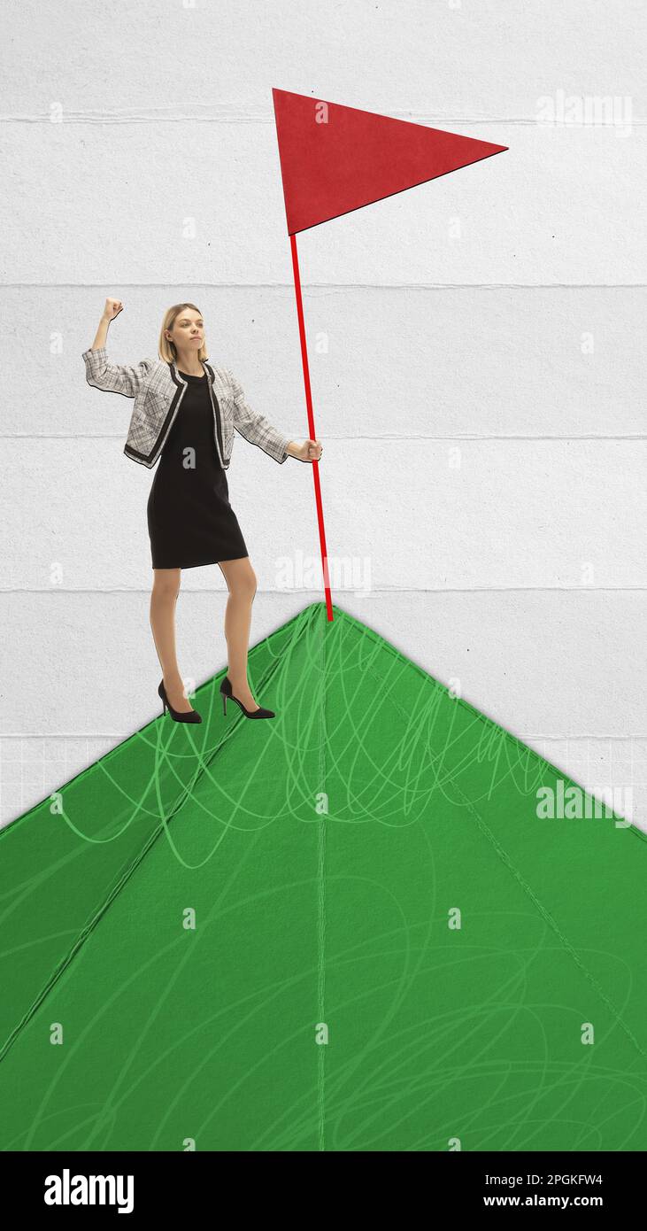 Motivated and ambitious employee, female office worker reaching ...