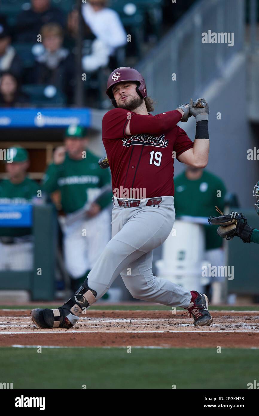 Cole Messina (19) of the South Carolina Gamecocks follows through on ...