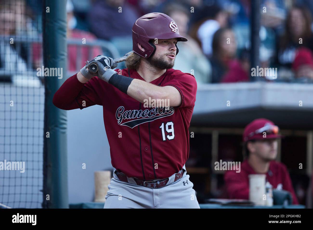 Cole Messina (19) of the South Carolina Gamecocks waits for his turn to ...