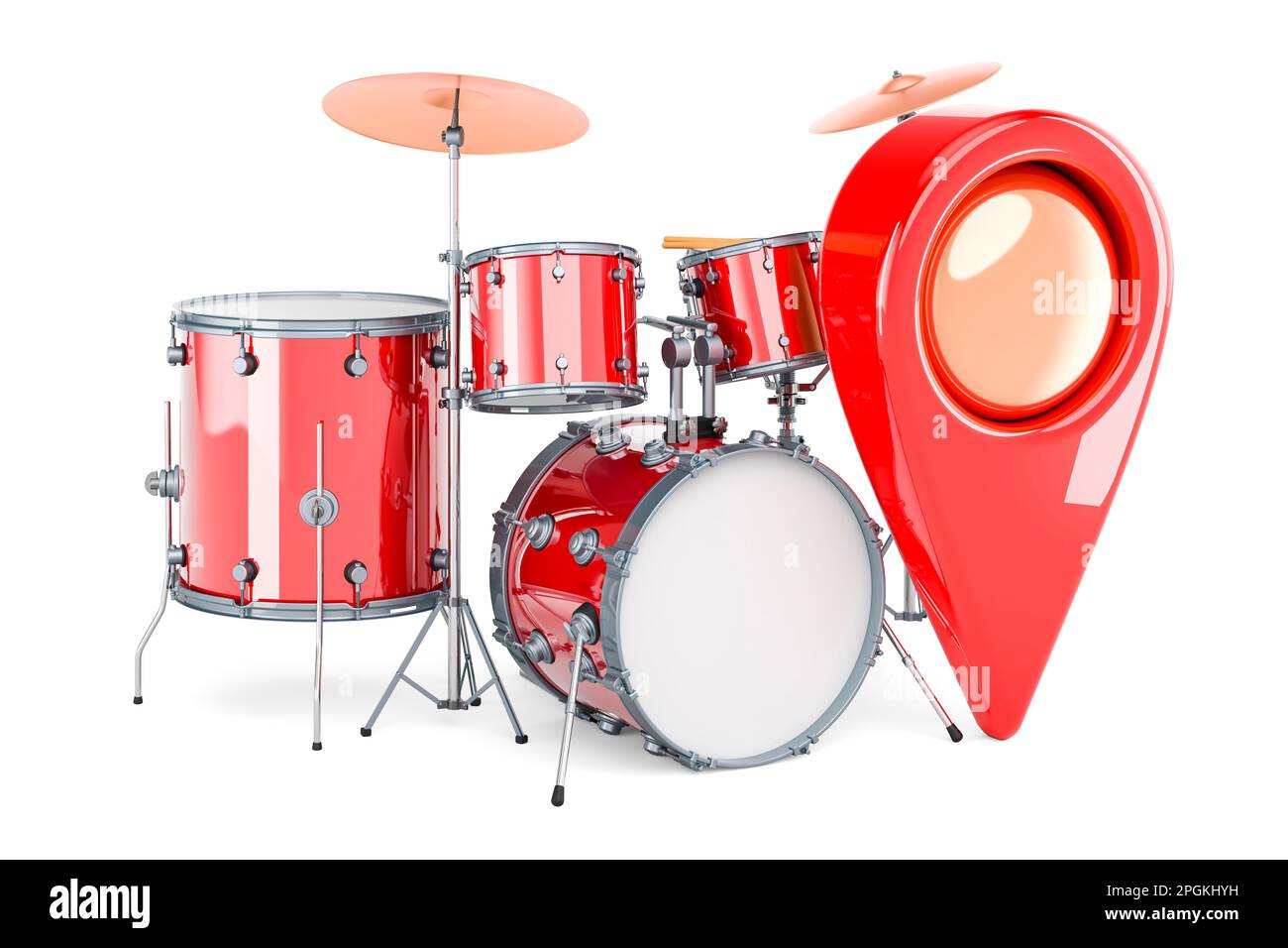 Drum kit with map pointer, 3D rendering isolated on white background ...