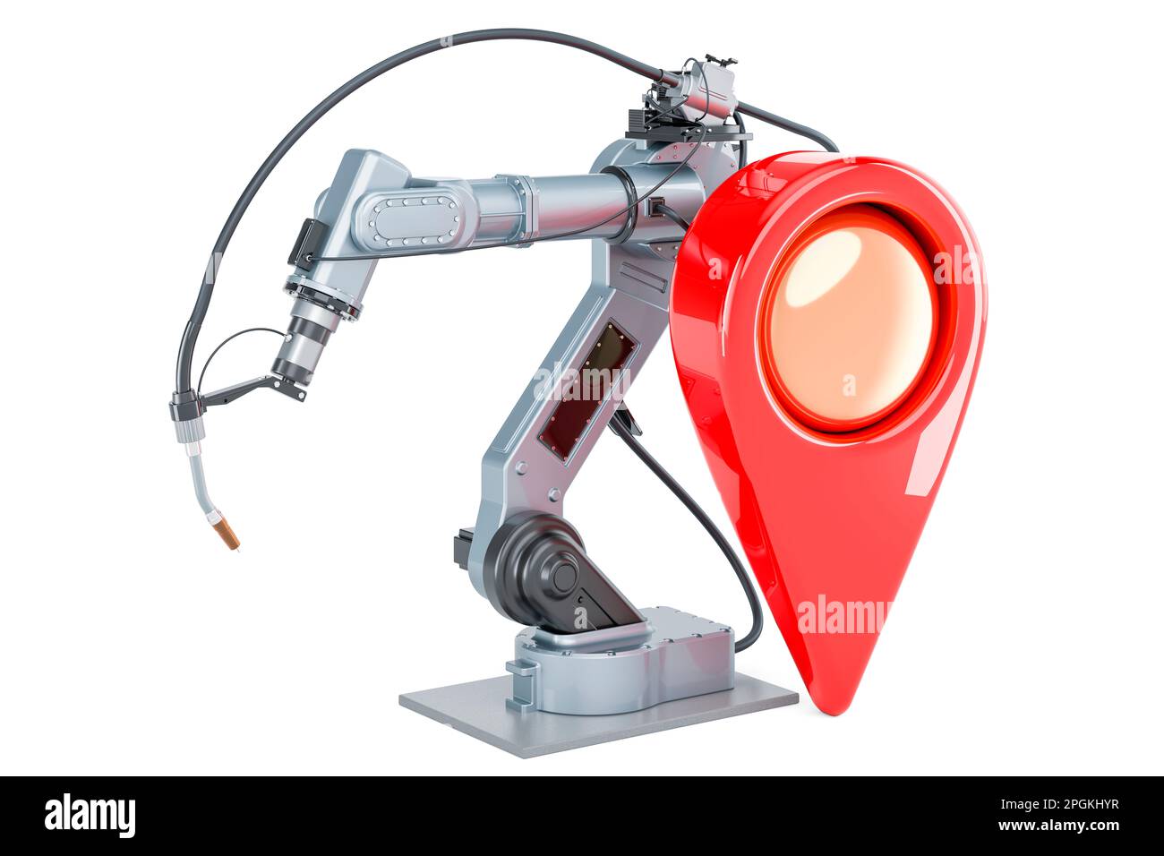 Robot welding with map pointer, 3D rendering isolated on white ...