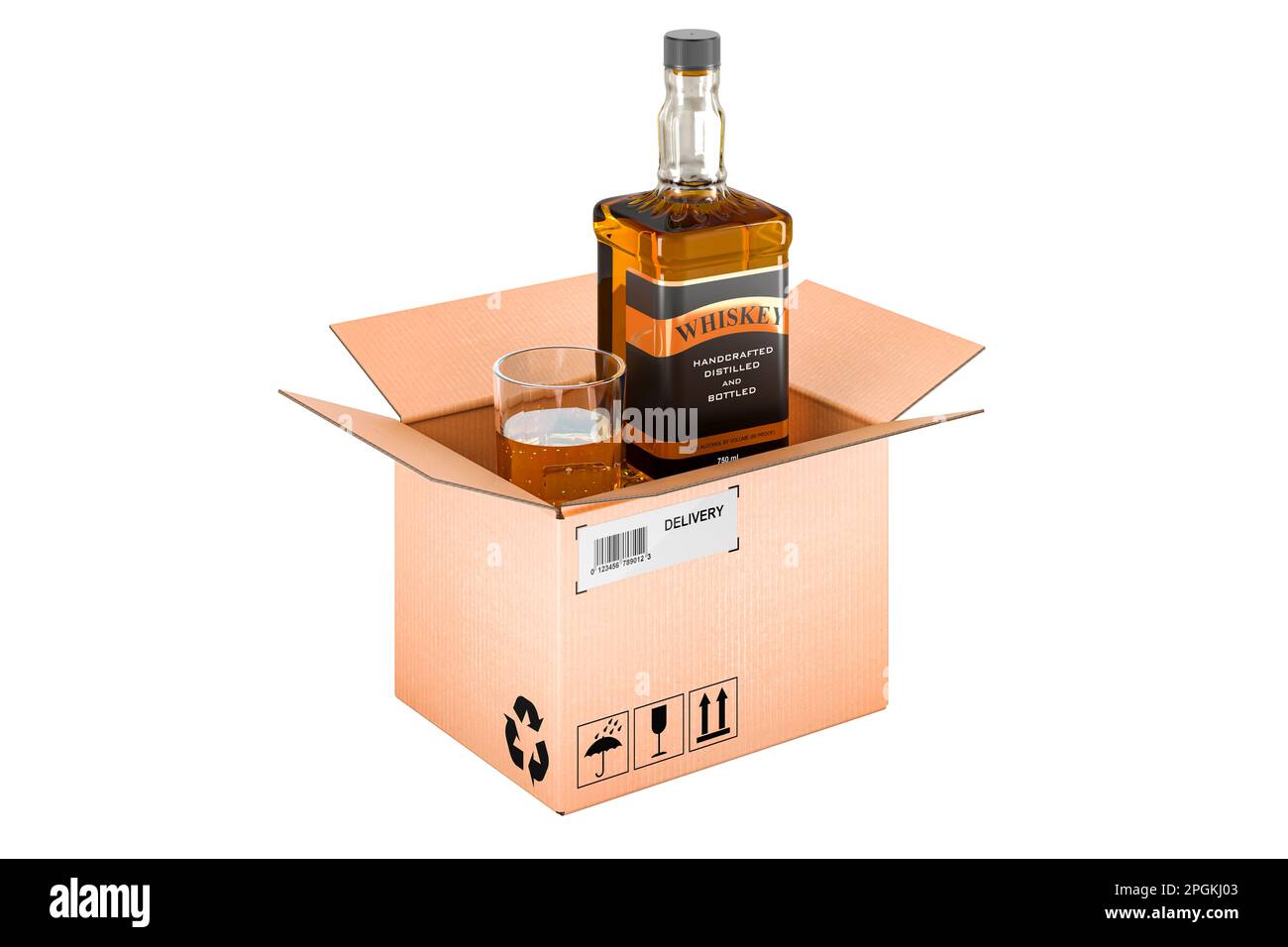Whiskey bottle and full glass of whiskey inside cardboard box, delivery ...