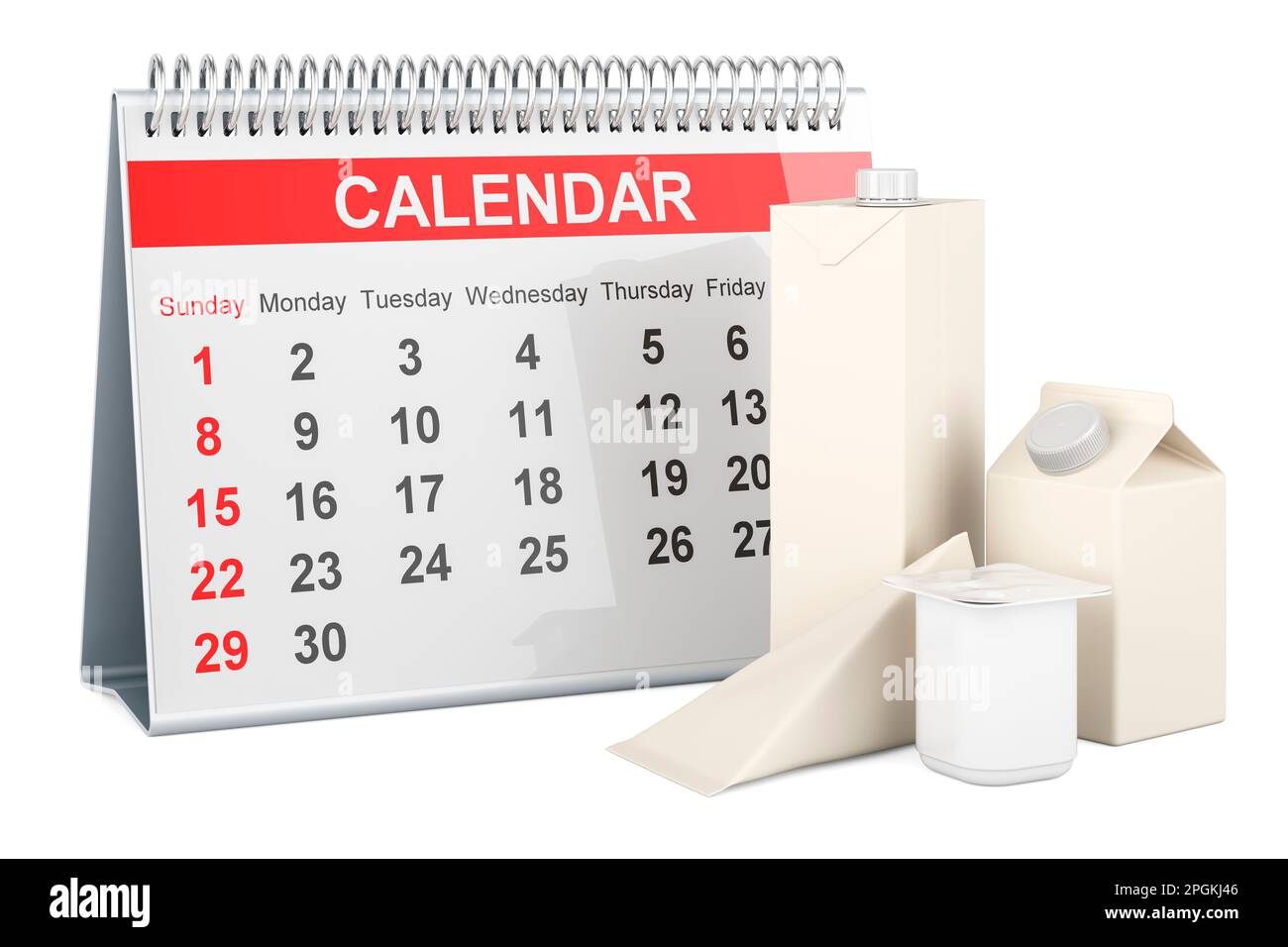 Packaging for dairy, juice products with desk calendar, 3D rendering ...