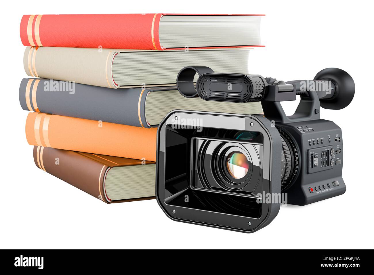 Books with professional video camera, 3D rendering isolated on white ...