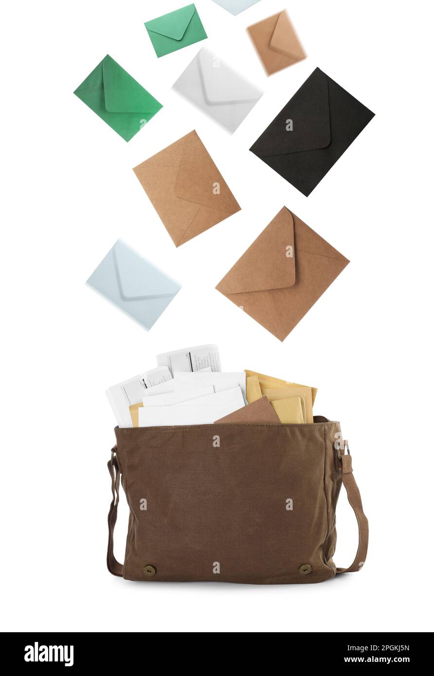 Many different envelopes falling into brown postman's bag on white ...