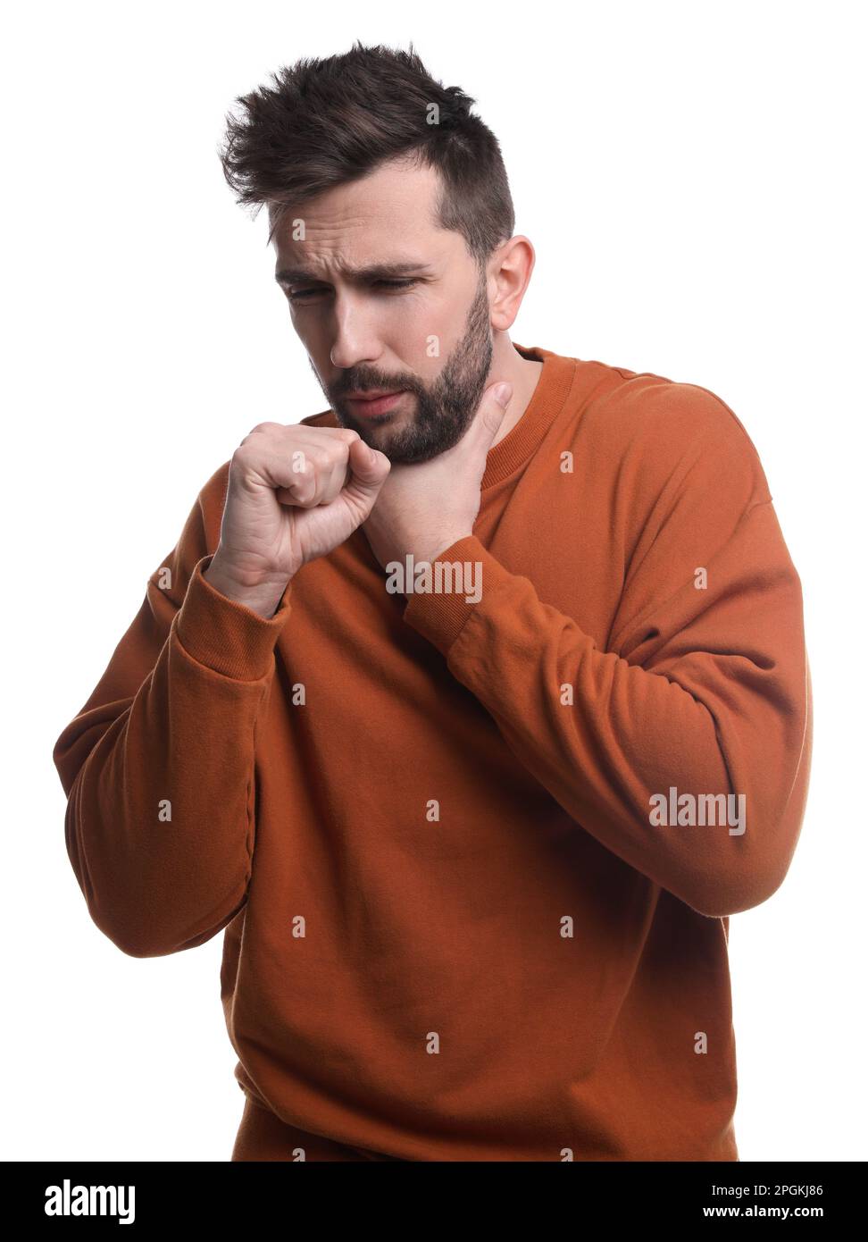 Man coughing on white background. Cold symptoms Stock Photo - Alamy