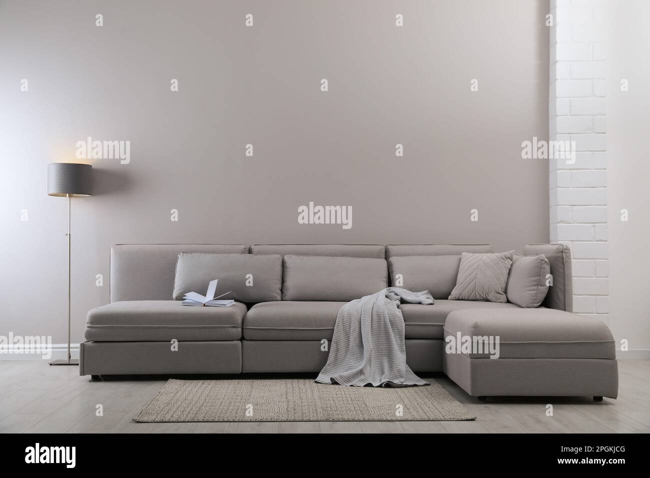 Large grey sofa in living room. Interior design Stock Photo - Alamy