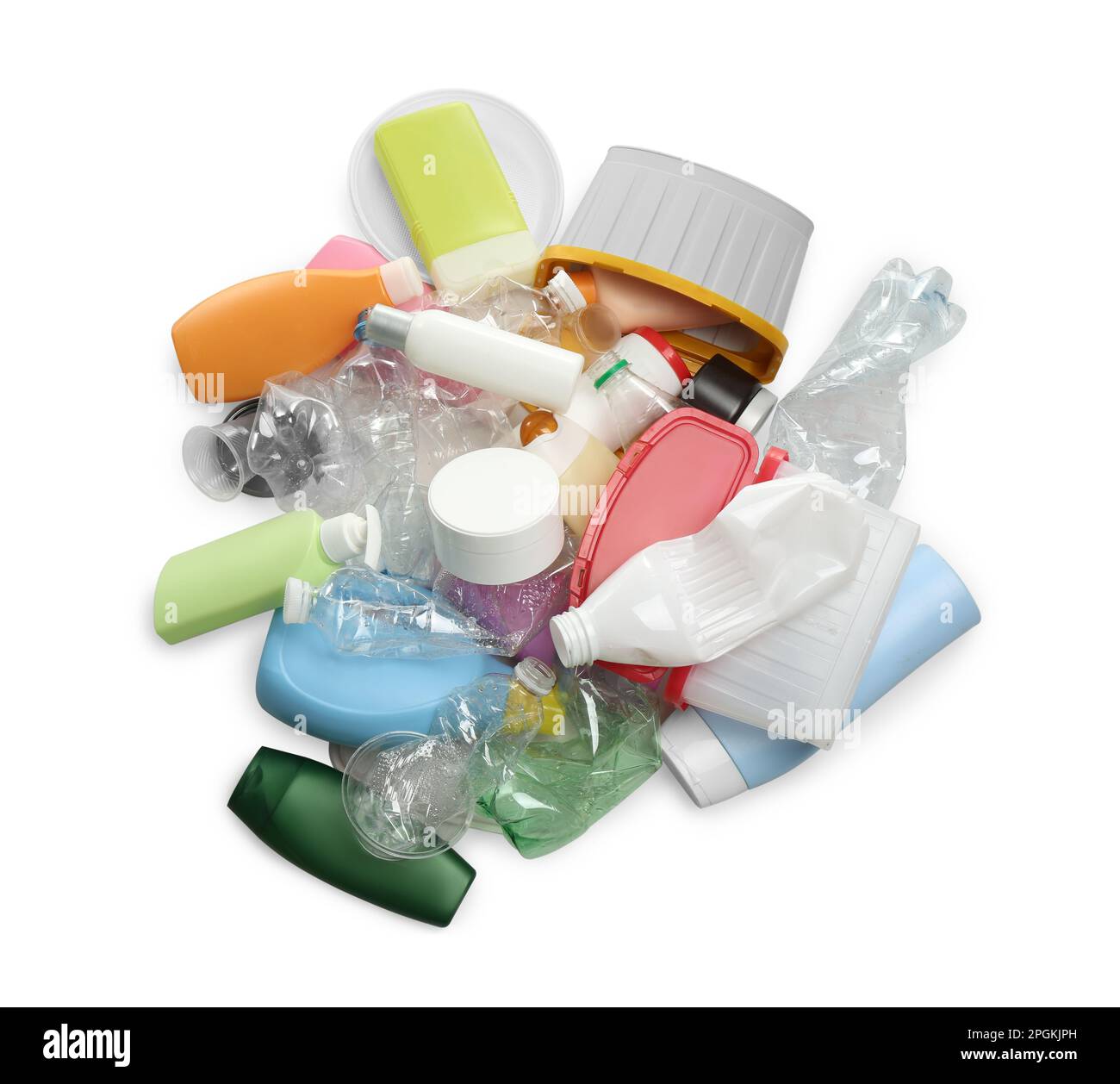 Pile of plastic garbage on white background, top view Stock Photo - Alamy