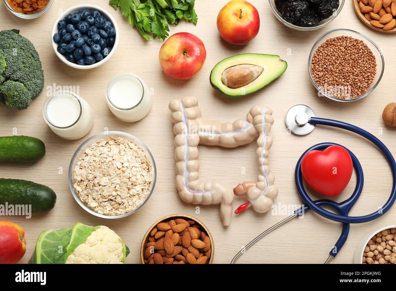 Layout of intestine model and products to help digestion on wooden ...