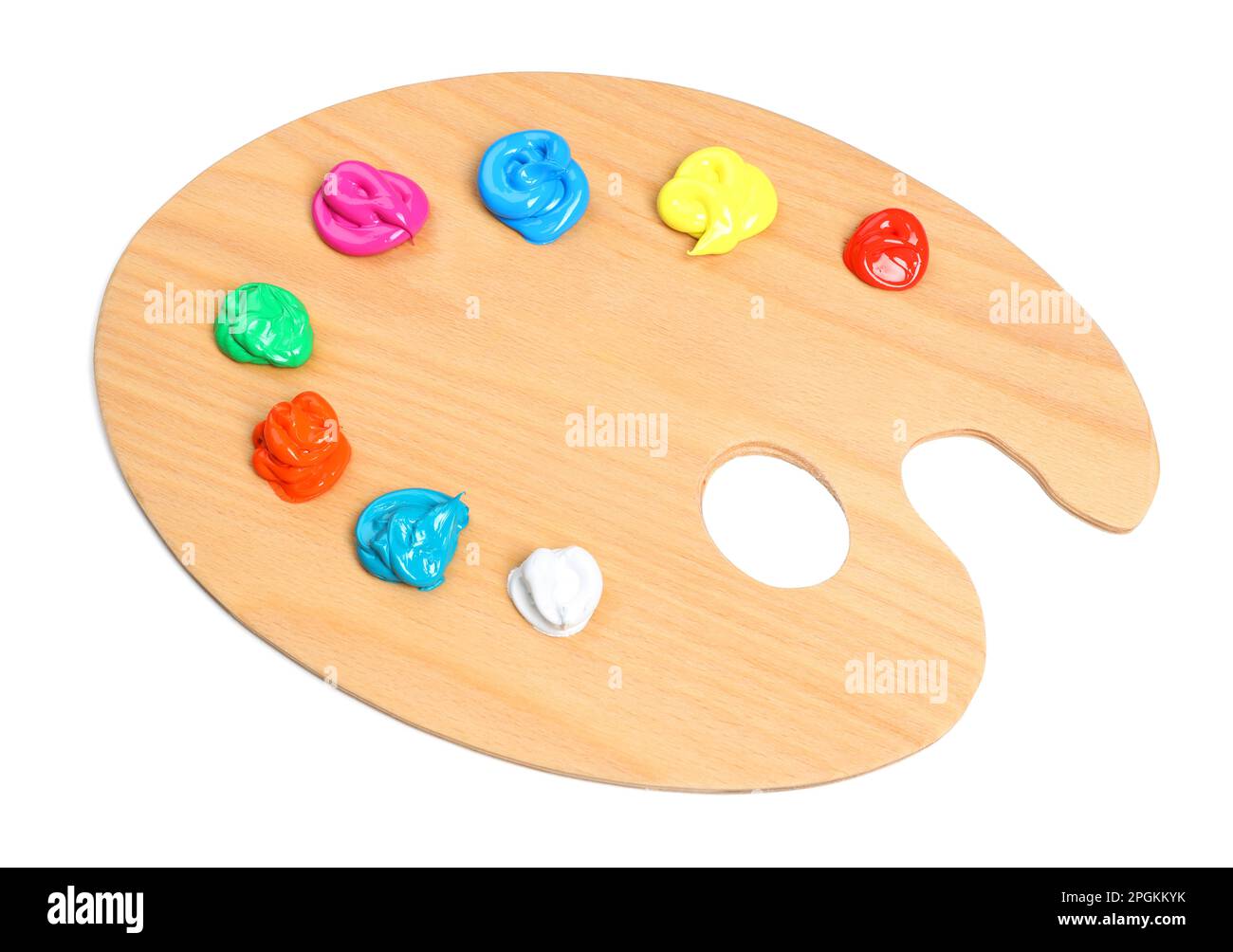 Palette with paints on white background, top view. Artist equipment ...