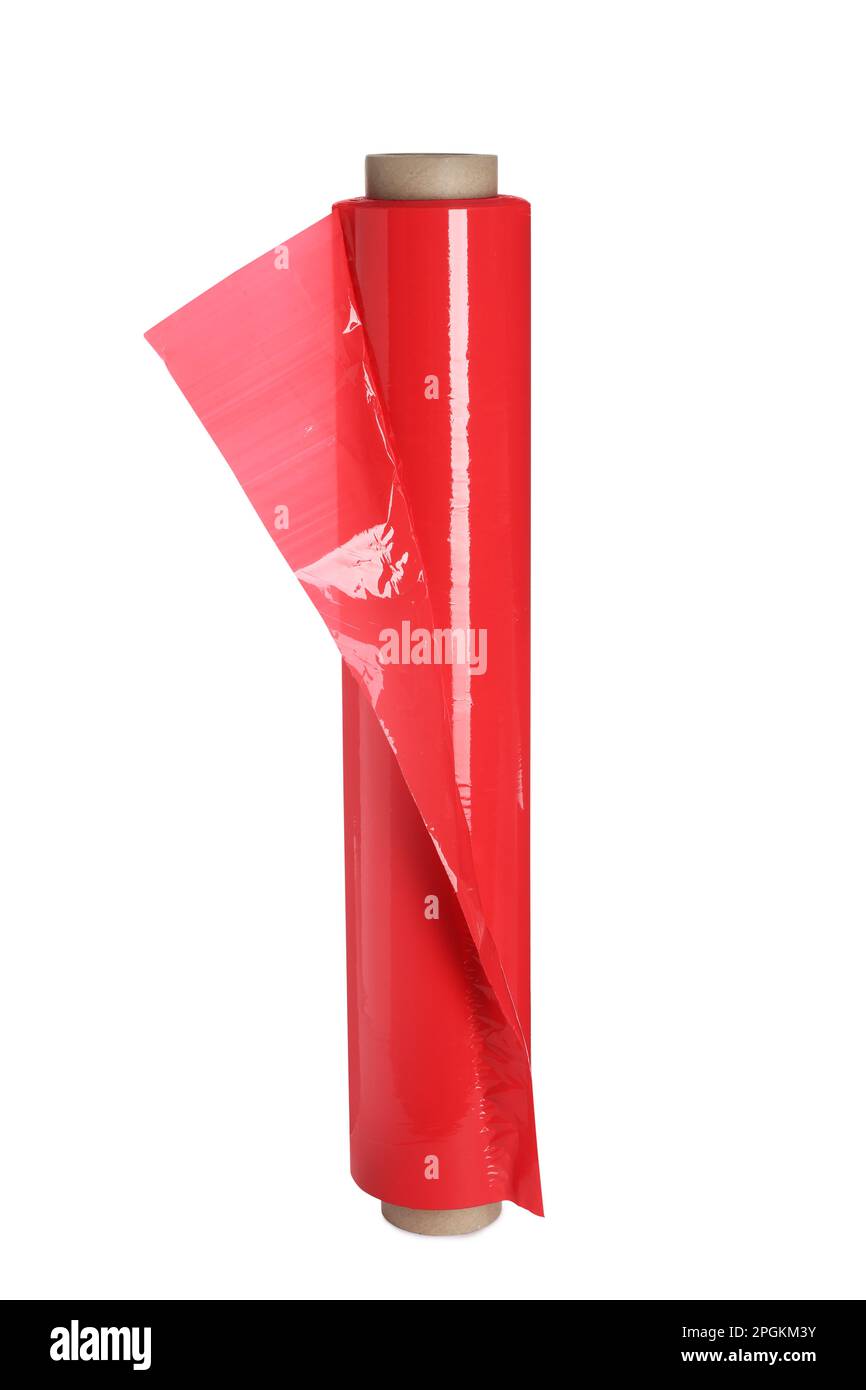 Roll of red plastic stretch wrap film isolated on white Stock Photo - Alamy
