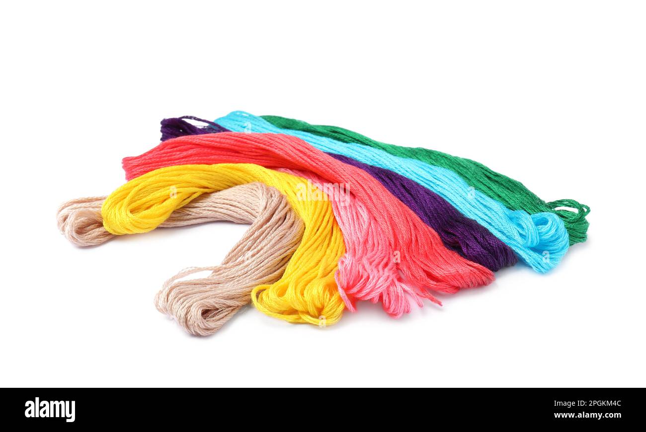 Set of colorful embroidery threads on white background Stock Photo - Alamy
