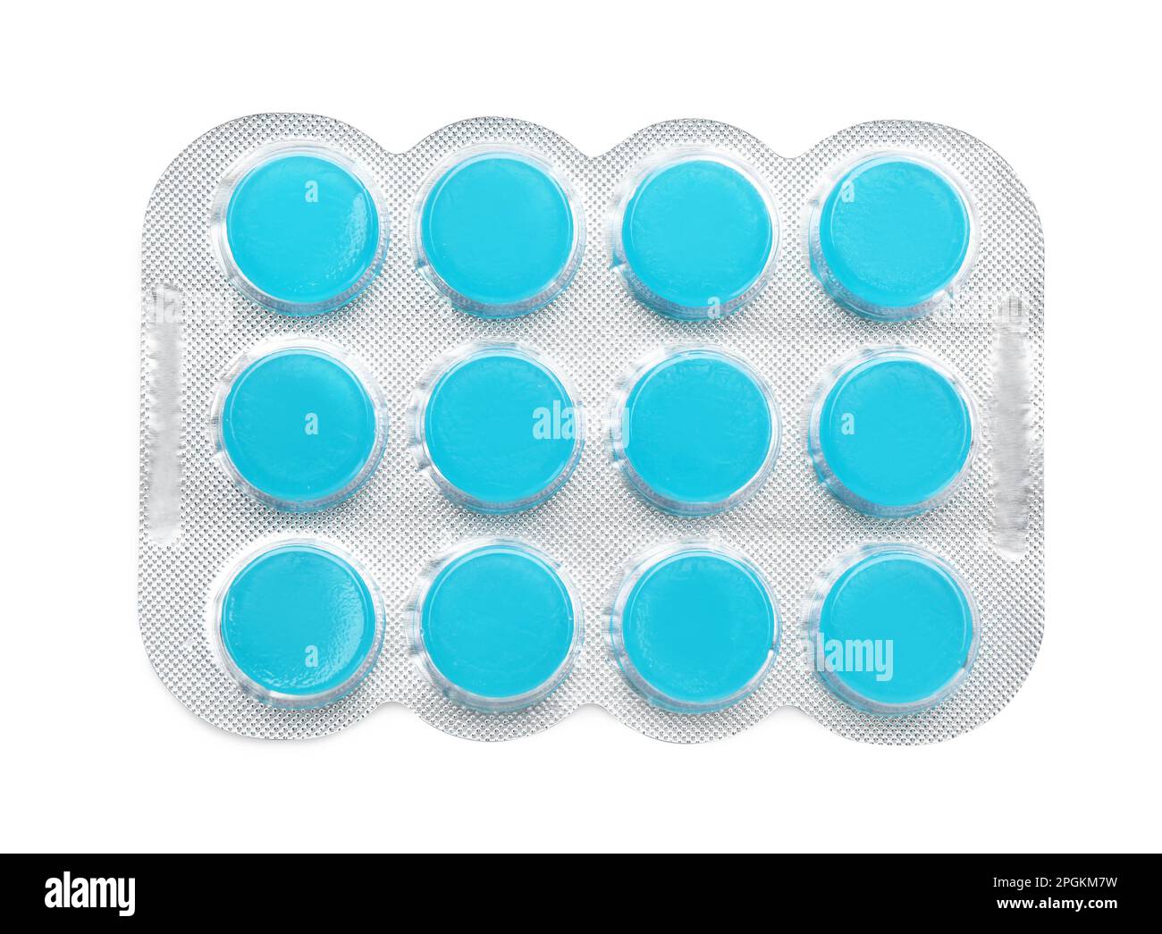 Blister with blue cough drops isolated on white, top view Stock Photo ...
