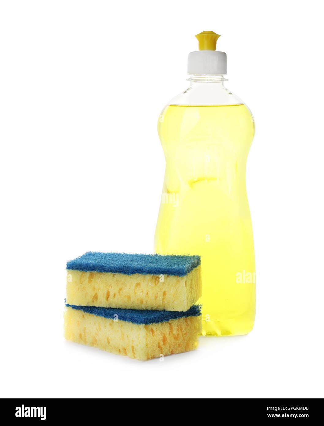 Bottle of detergent and cleaning sponges on white background Stock ...