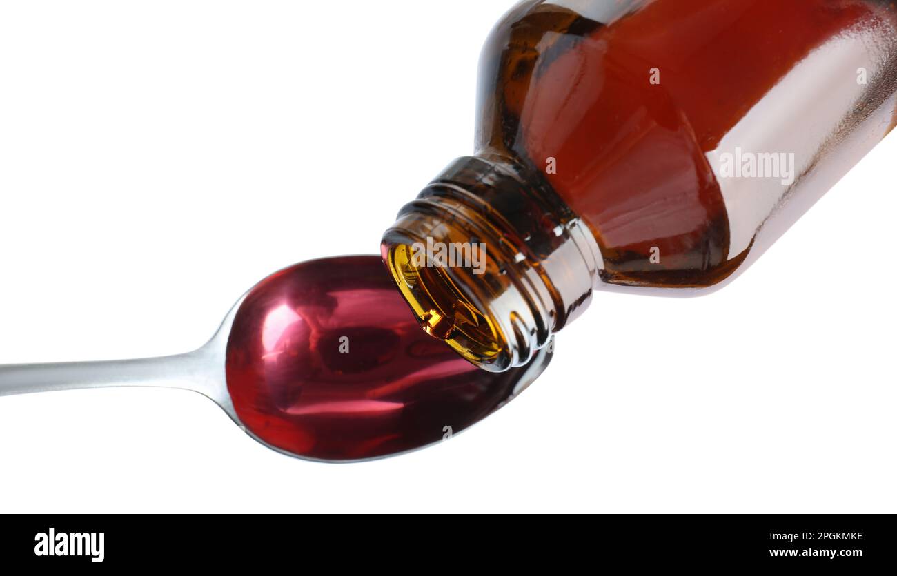 Pouring cough syrup into spoon on white background, top view Stock ...