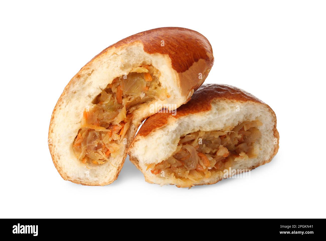 Delicious baked patty with cabbage on white background Stock Photo - Alamy