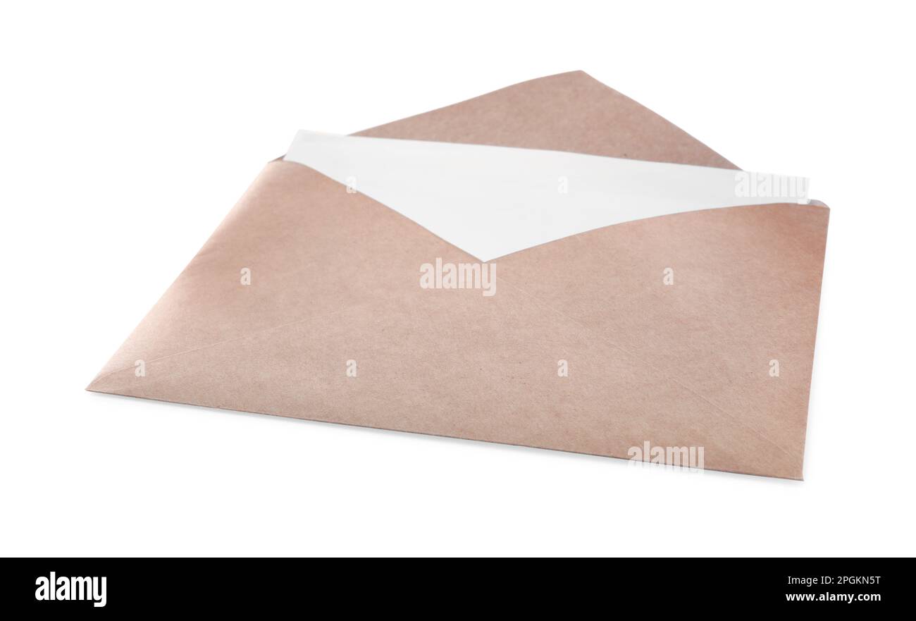 Brown paper envelope with card isolated on white Stock Photo - Alamy