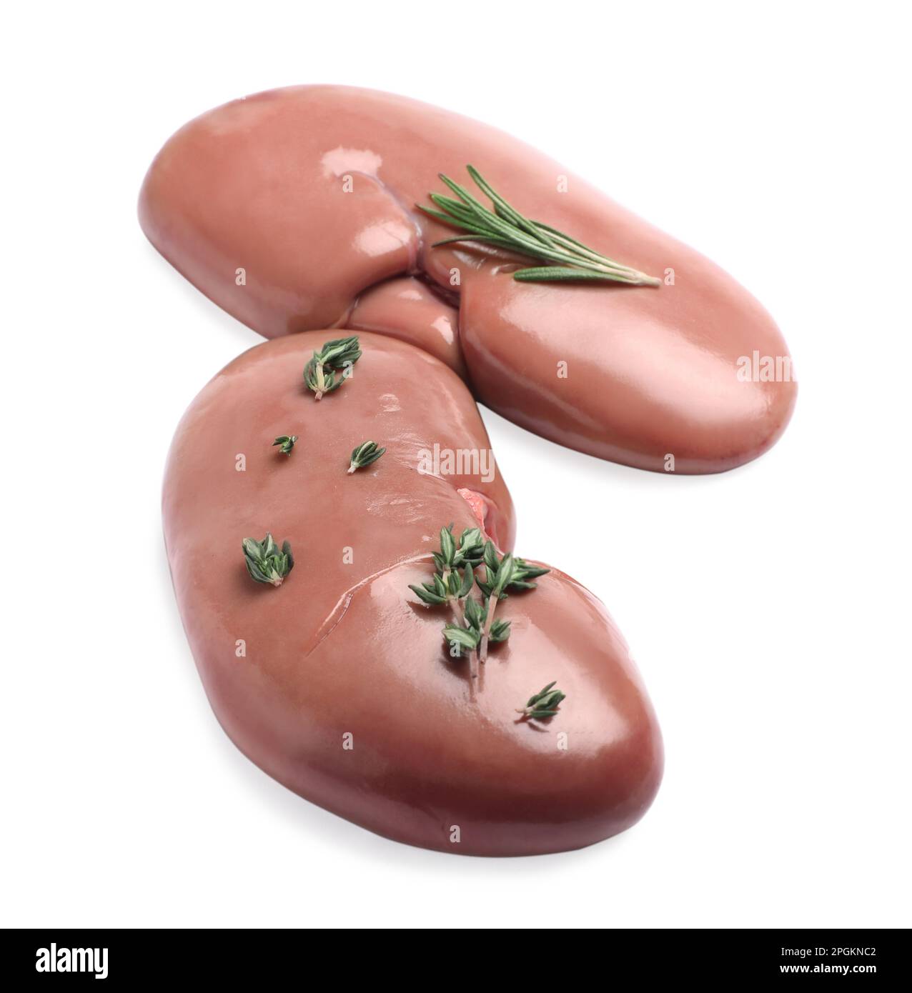 Fresh raw pork kidneys with rosemary and thyme on white background ...