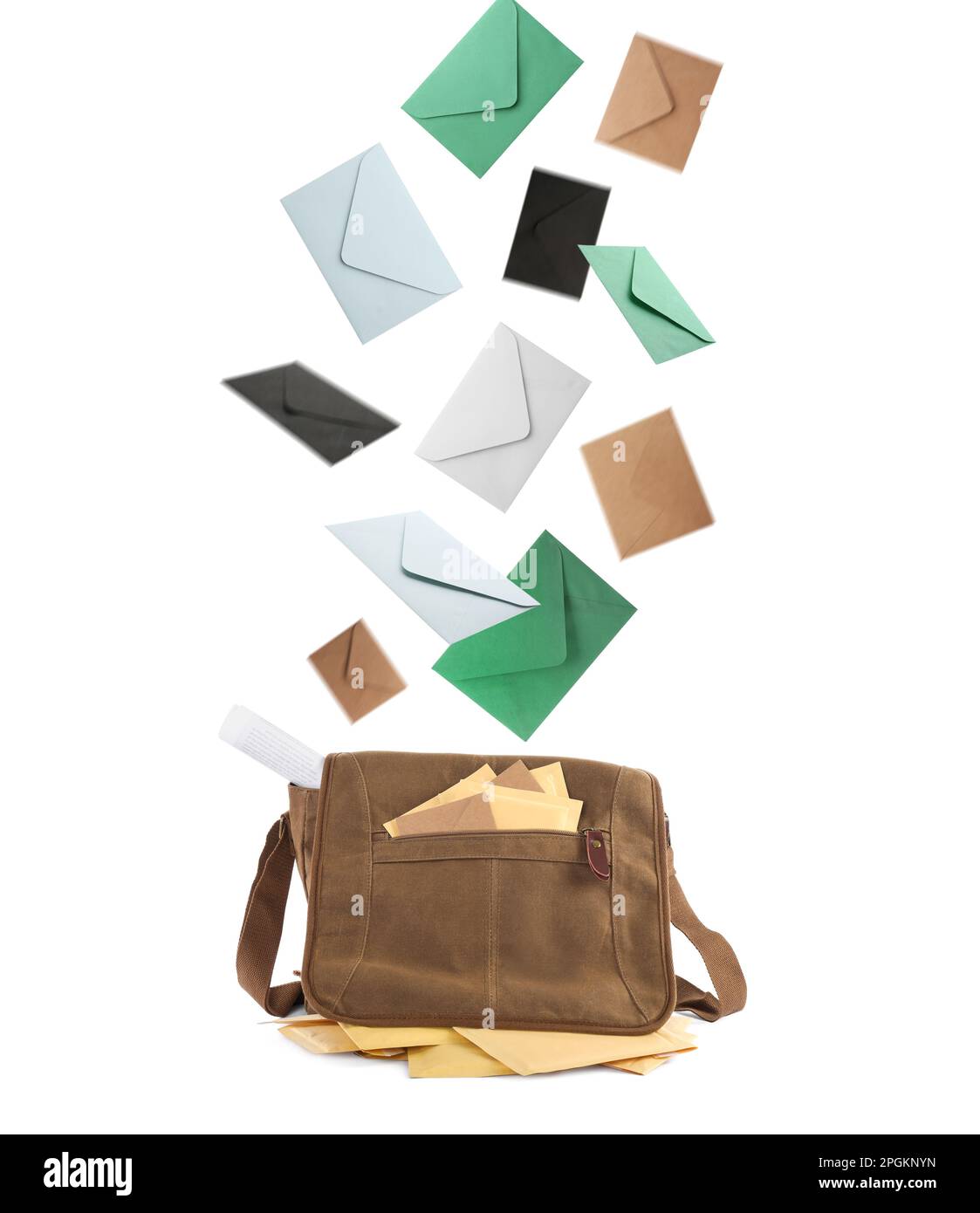 Many different envelopes falling into brown postman's bag on white ...