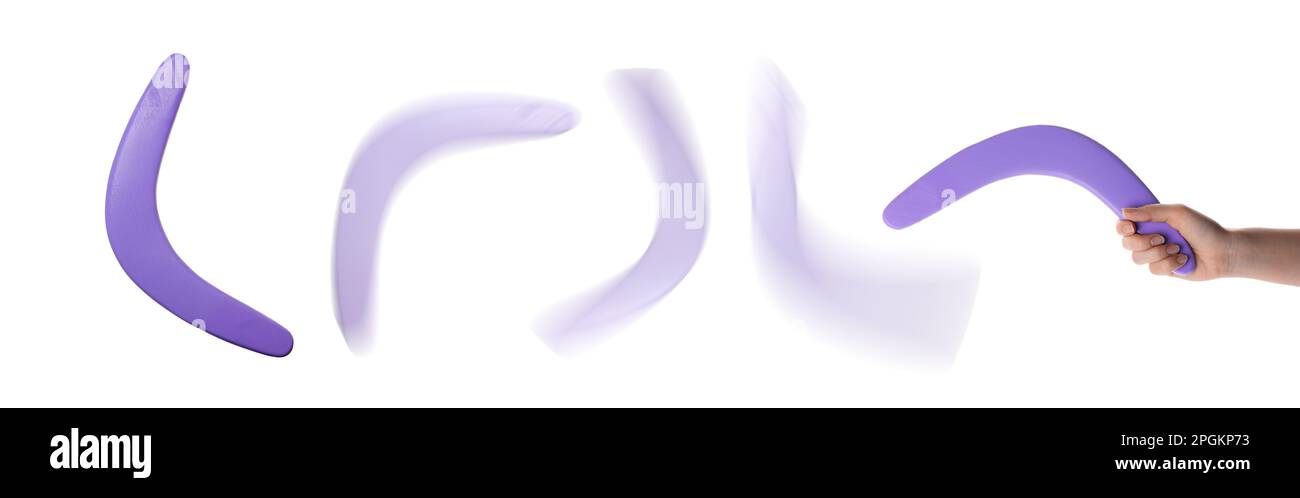 Woman throwing purple boomerang on white background, closeup. Banner ...
