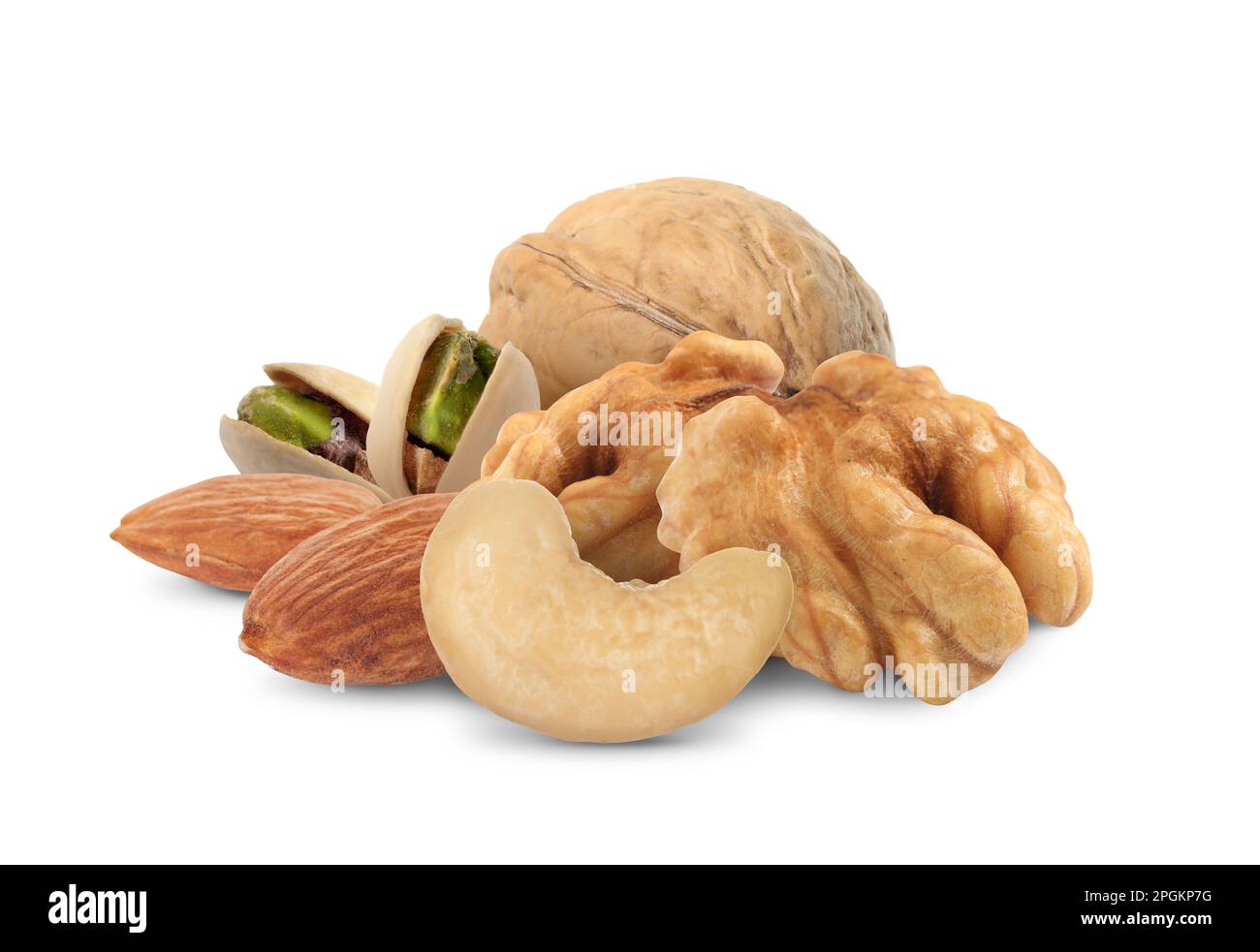 Mix of tasty organic nuts on white background Stock Photo - Alamy